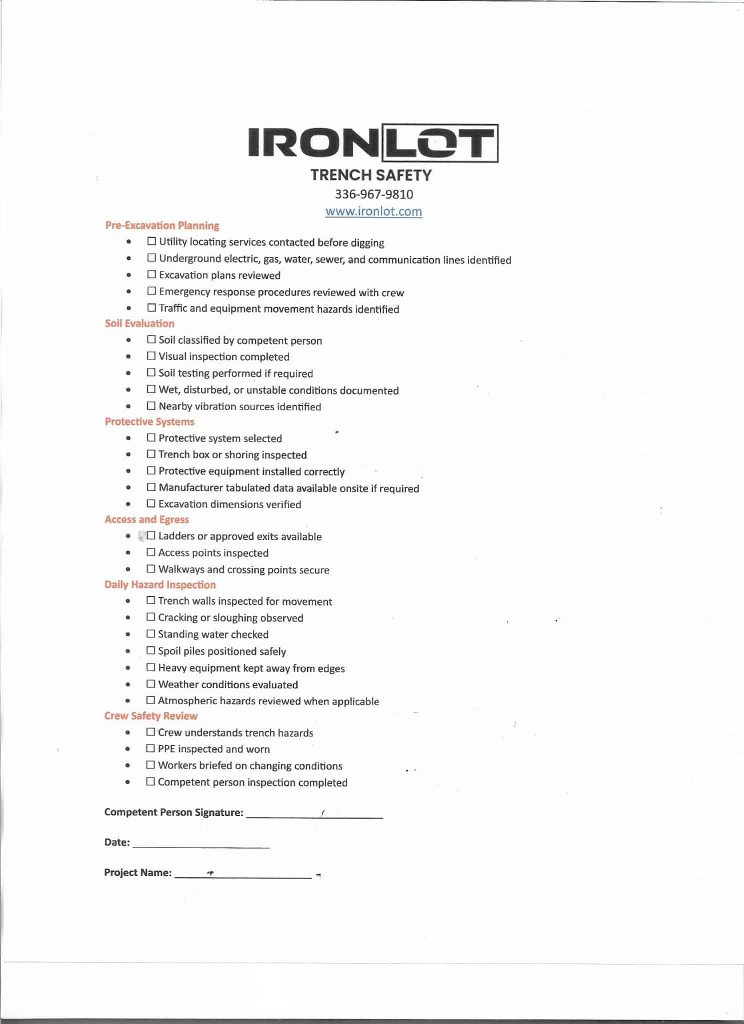 OSHA Trench Safety Checklist – Iron Lot